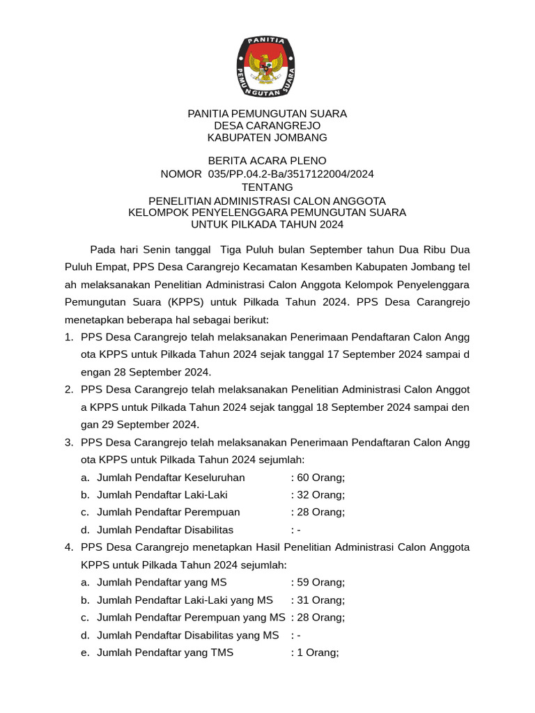 035 Berita Acara PPS Penelitian Administrasi KPPS | PDF