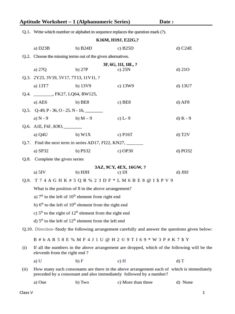 Class 5 Aptitude Worksheets Collection | PDF