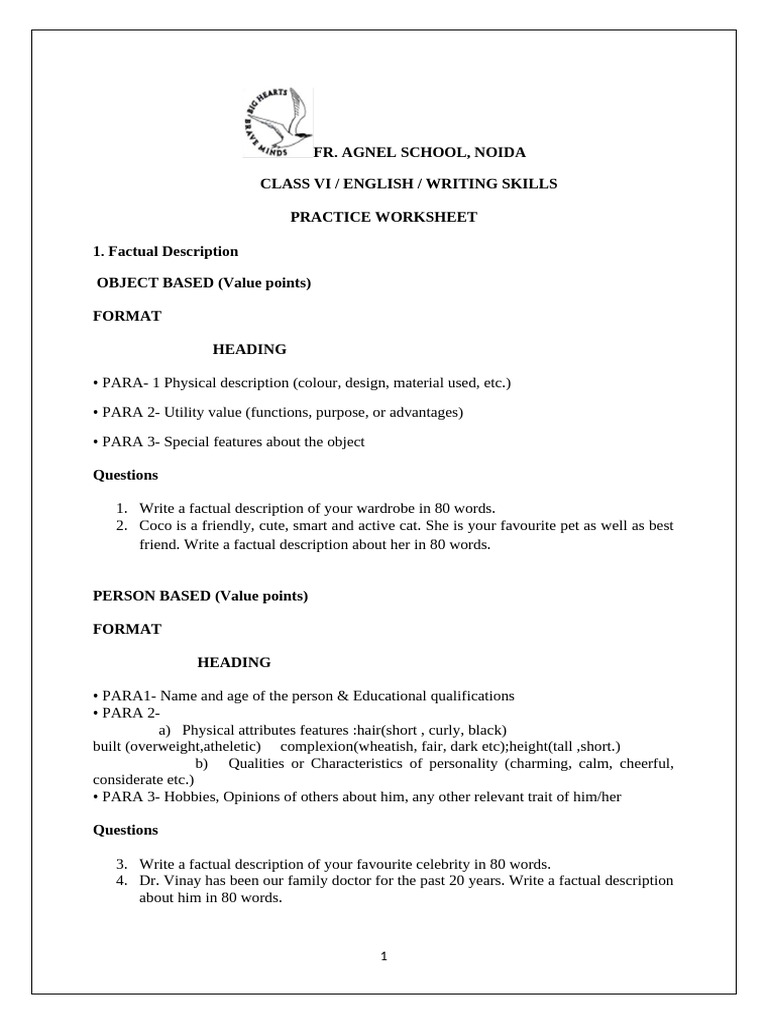 Class 6 English Writing Skills Worksheet | PDF