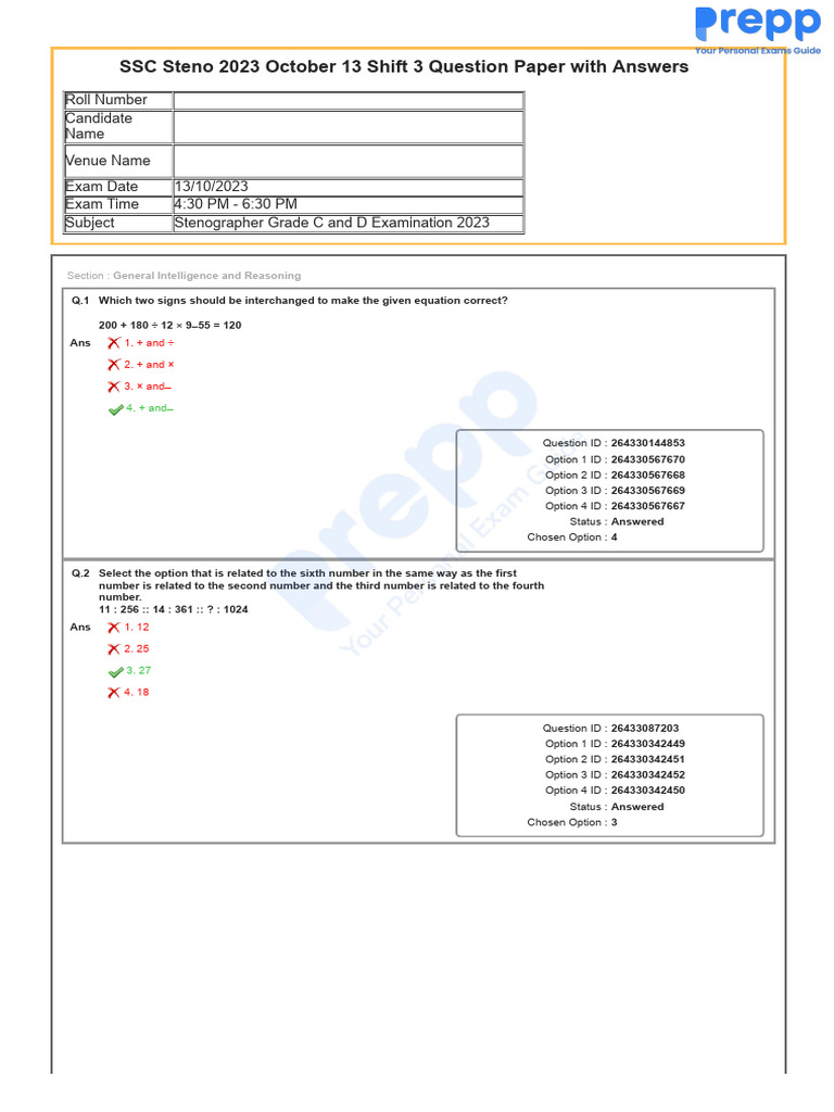 SSC Steno 2023 October 13 Shift 3 Question Paper With Answers | PDF