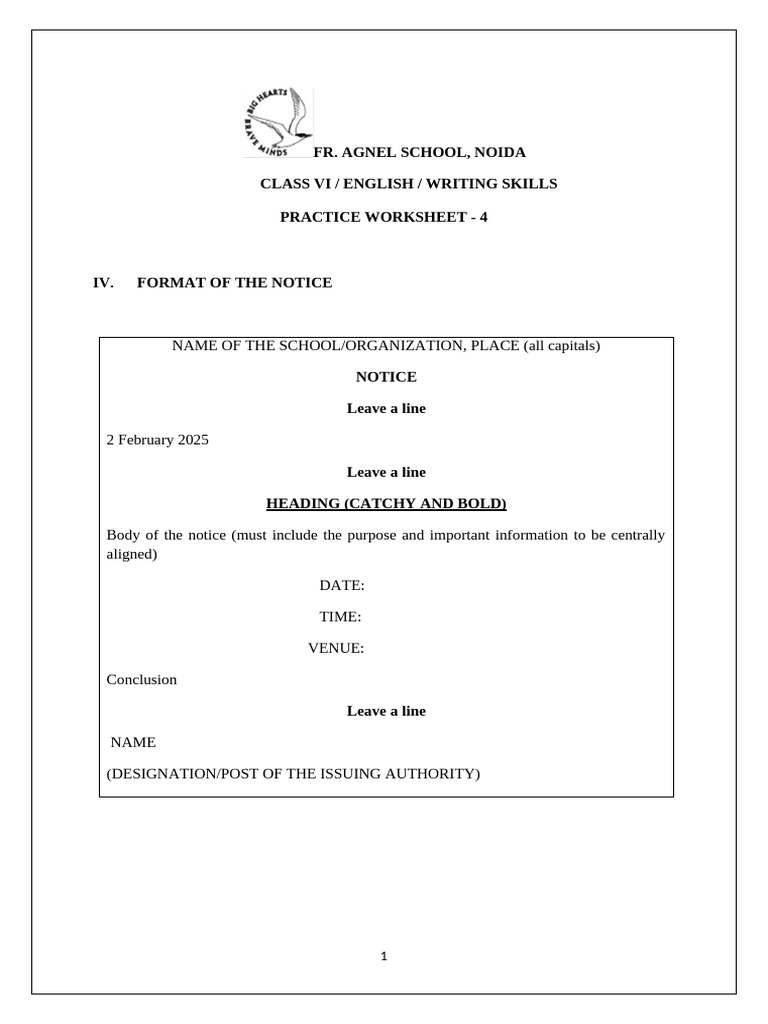 Class VI Writing Skills: Notice Format | PDF