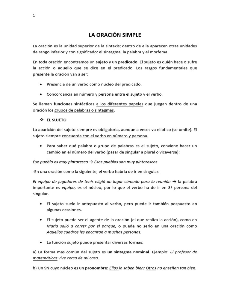 La Oración Simple | PDF | Asunto (gramática) | Verbo