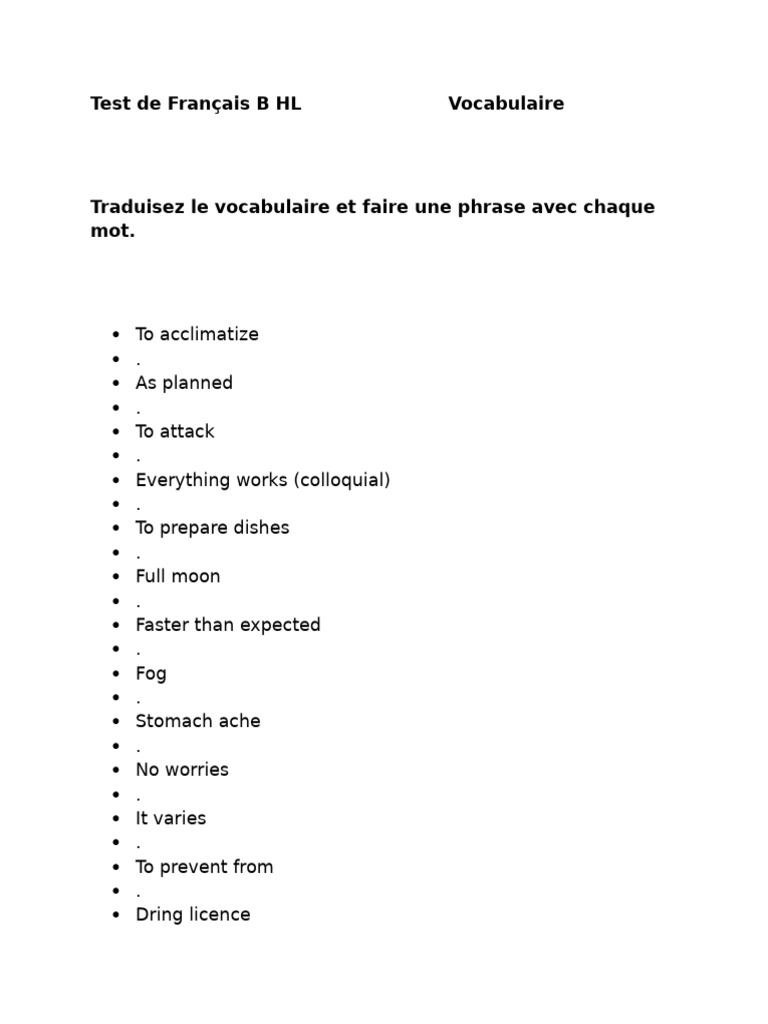 Test de Français B HL Vocabulaire | PDF