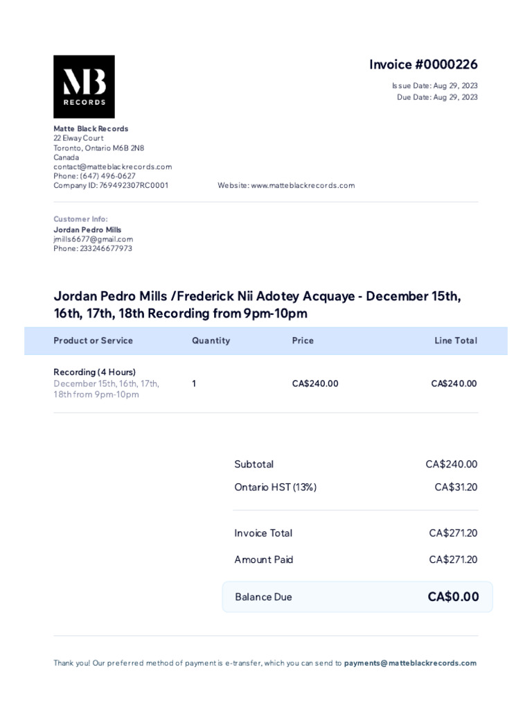 Invoice #0000226 for Recording Services | PDF