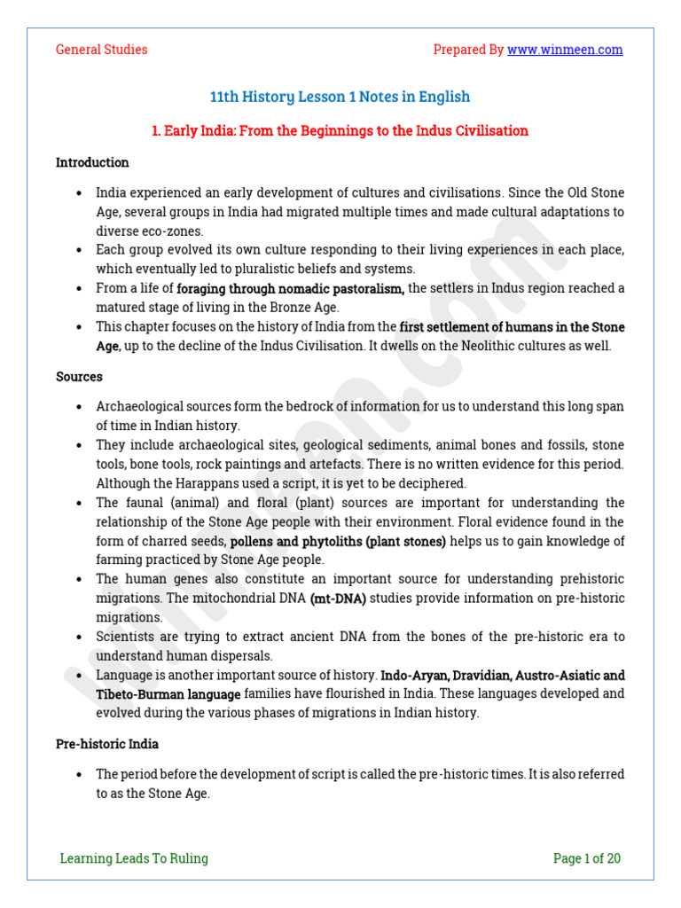 11th History Lesson 1 Notes in English | PDF | Paleolithic | Stone Age