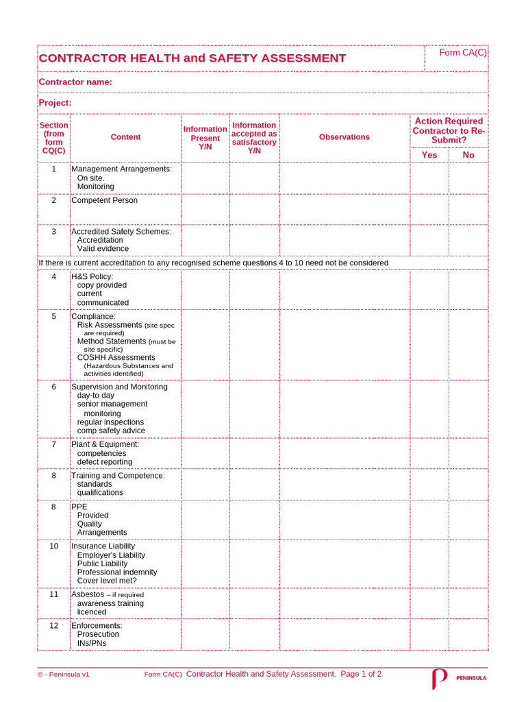 CA(C) CONTRACTOR HEALTH and SAFETY ASSESSMENT | PDF | Occupational Safety And Health | Safety
