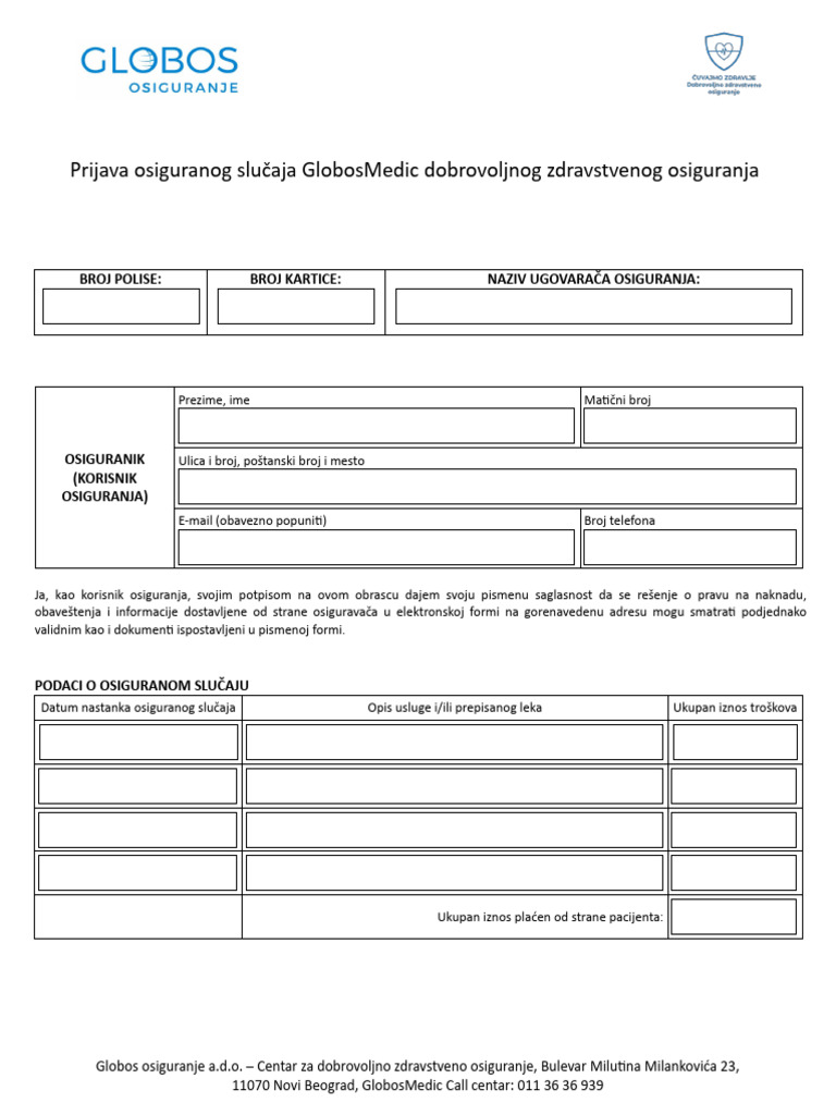 Zahtev Za Prijavu Osiguranog Slučaja GlobosMedic Dobrovoljnog Zdravstvenog Osiguranja 10-12-2022 ...