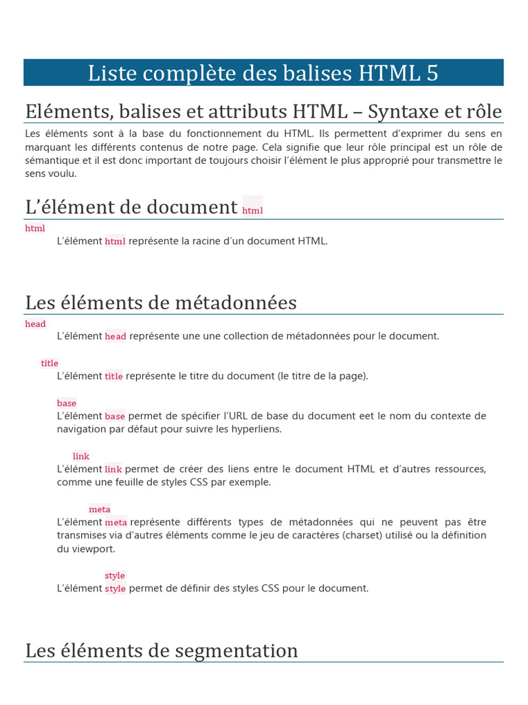 Liste Complète Des Balises HTML 5 | PDF | Html | Programmation web