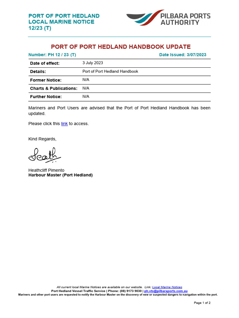 Local Marine Notice PH 12 23 (P) Port of Port Hedland Handbook | PDF