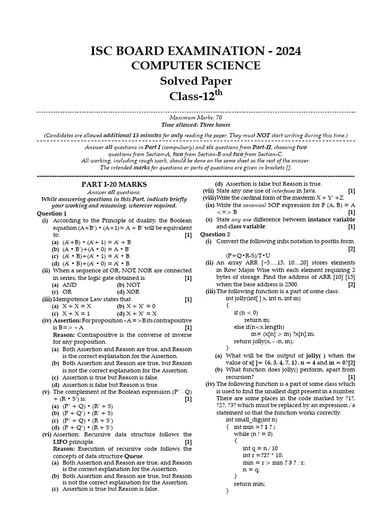 Isc Computer Science 2024 | PDF | Method (Computer Programming) | Constructor (Object Oriented ...