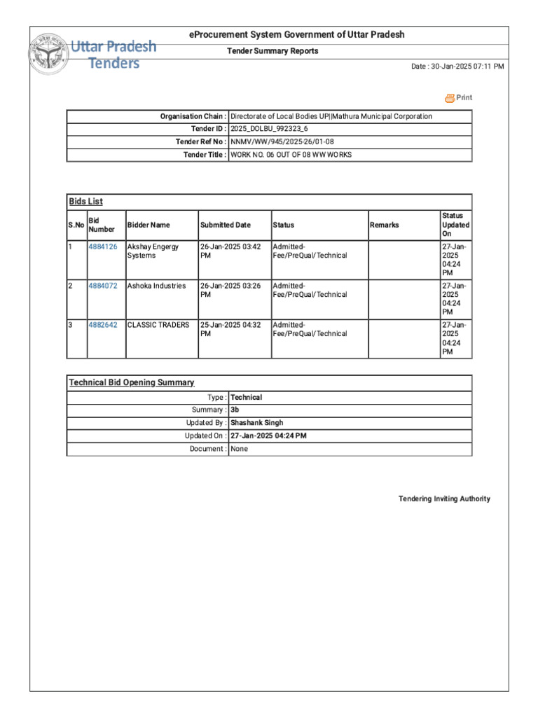 UP eProcurement Tender Summary Report | PDF | Auction | Auction Theory