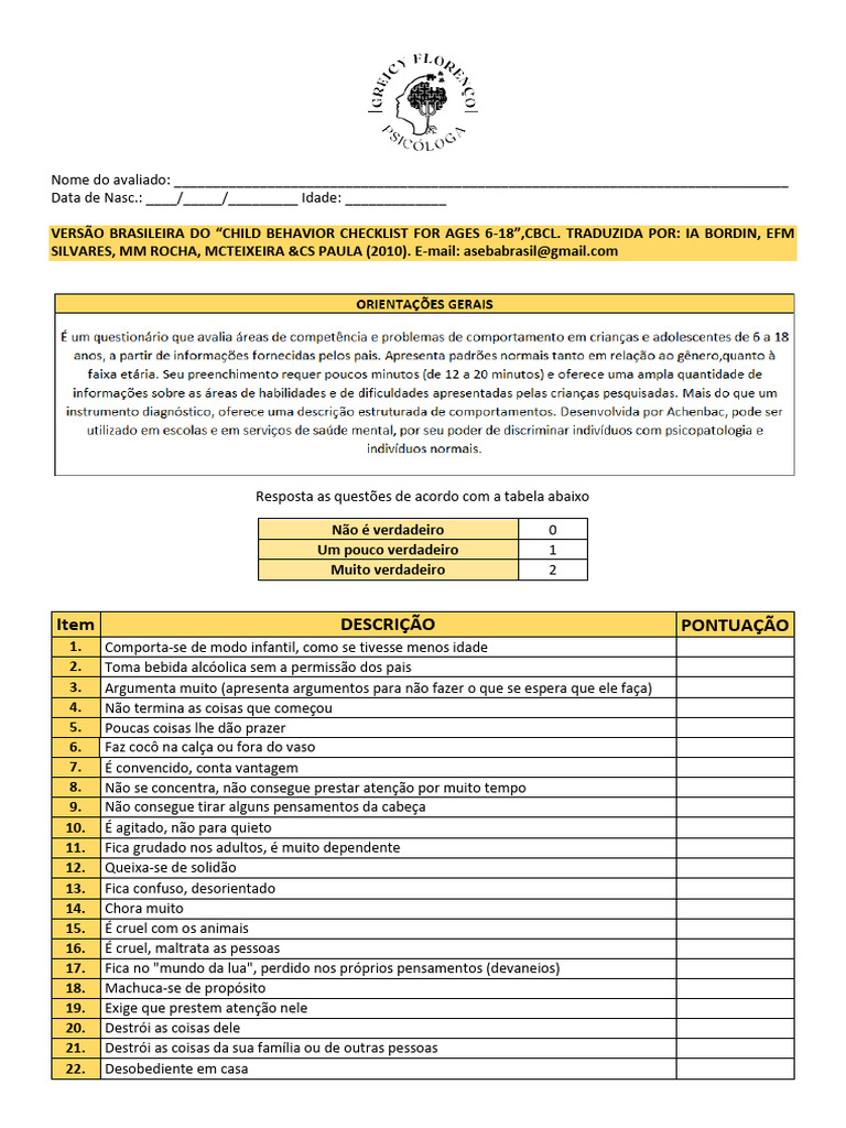CBCL - Child Behavior Checklist | PDF | Ciências comportamentais