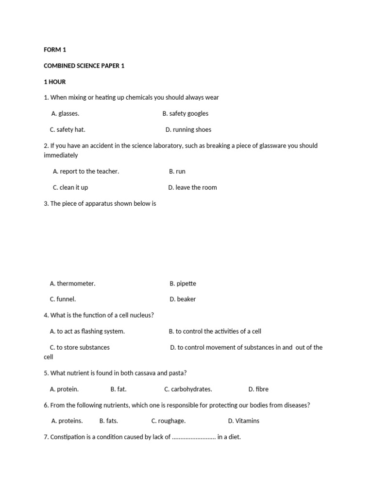 Form 1 Combined Science Paper 1 | PDF | Flowers | Blood