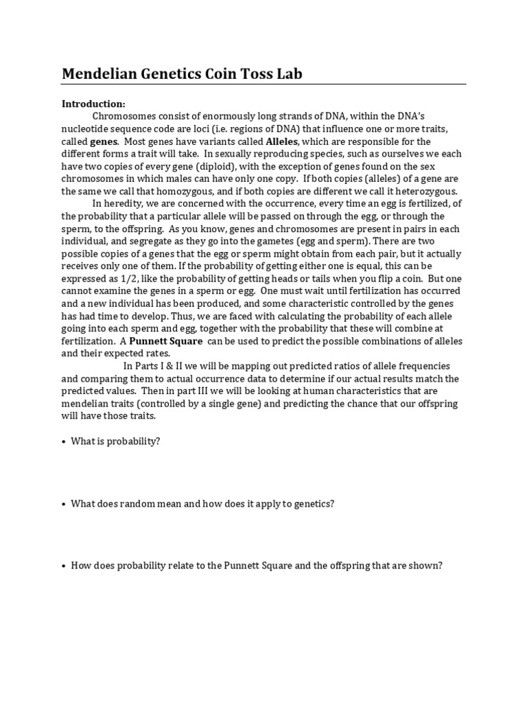 Mendelian Genetics Coin Toss Lab | PDF | Dominance (Genetics) | Zygosity