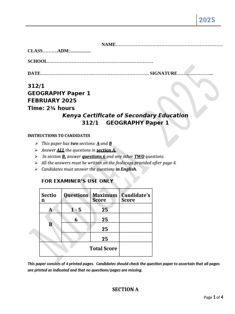 KCSE Geography Paper 1 Guidelines 2025 | PDF | Coast | Coral