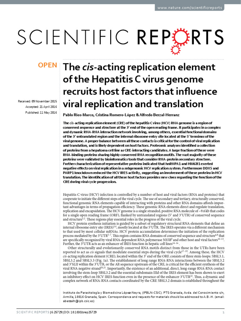 The Cis-Acting Replication Element of The Hepatitis C Virus Genome Recruits Host Factors That ...