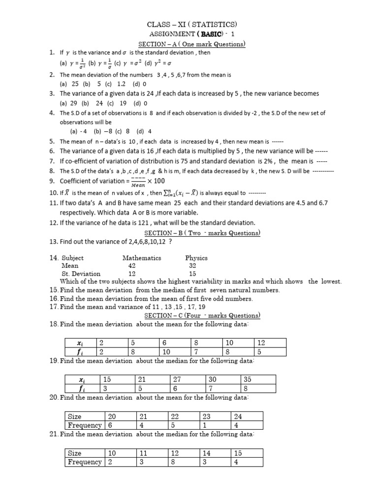 WS-ClassXI - Statistics (Basic) | PDF | Variance | Median