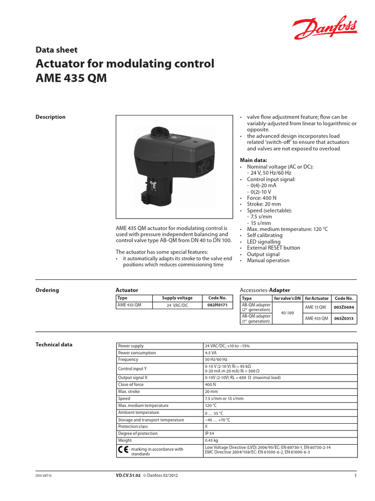 Danfoss AME 435 QM Actuator Datasheet | PDF | Power Supply | Actuator