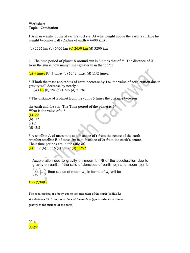 Gravitation Worksheet - Edited | PDF