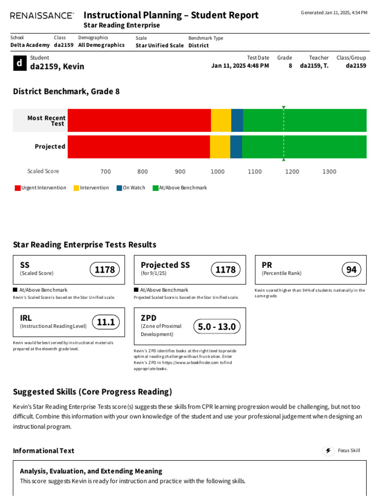 Kevin's Star Reading Assessment Report | PDF | Argument | Information