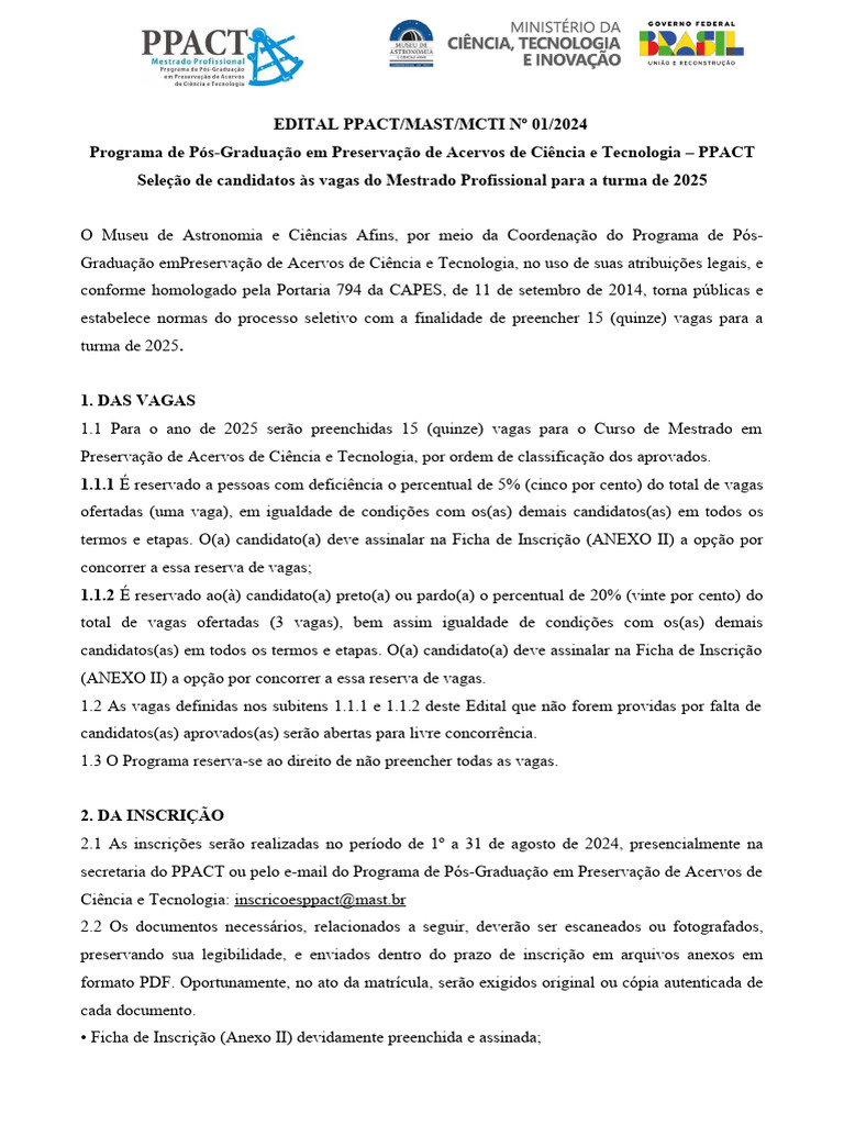 Seleção Mestrado PPACT 2025: Edital e Vagas | PDF | Pós-graduação ...