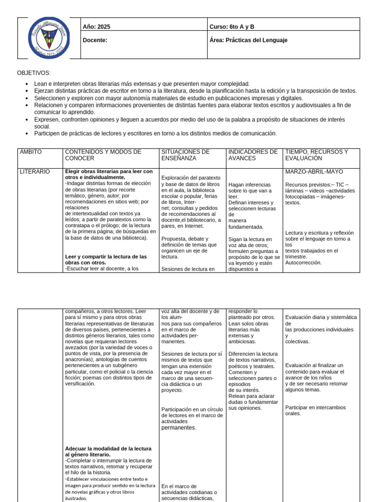 Planificación Anual P LENGUAJE 2025 (6to A y B) | PDF | Narración ...
