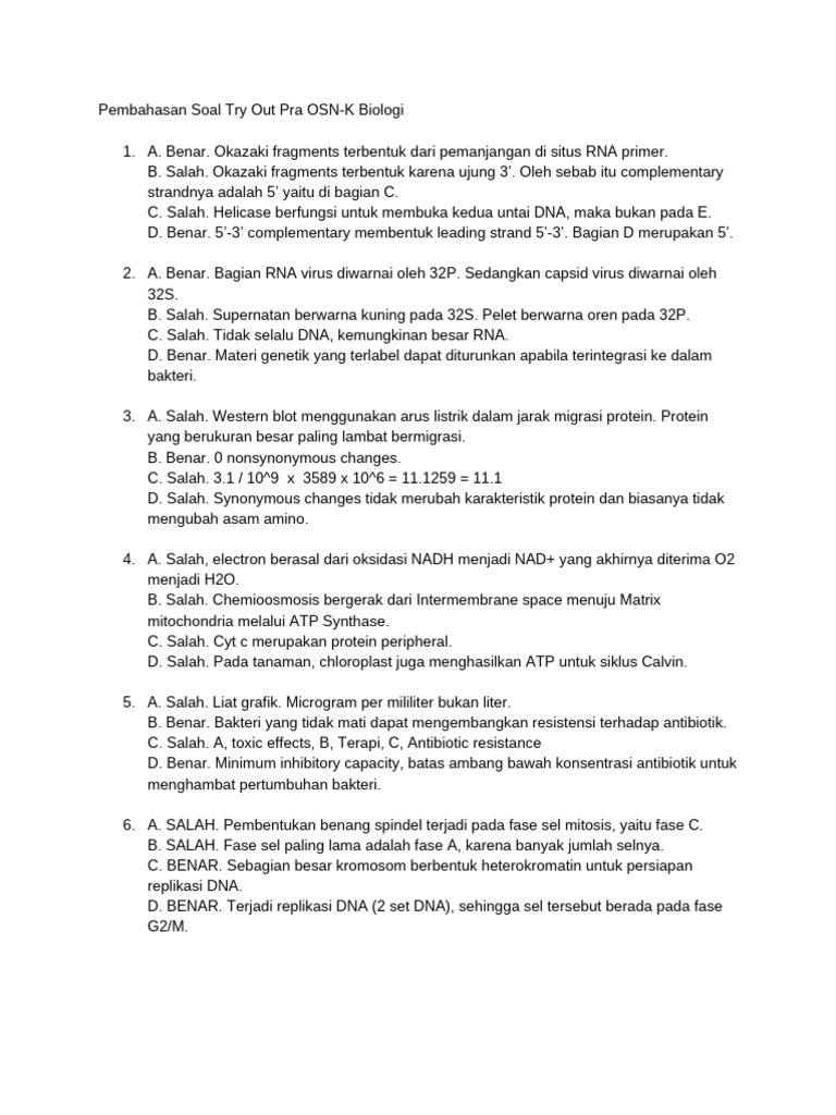 Pembahasan Tryout OSN-K Biologi 2024 Scuola | PDF