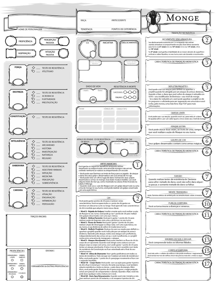 D&D 5.0 - Ficha - Monge | PDF
