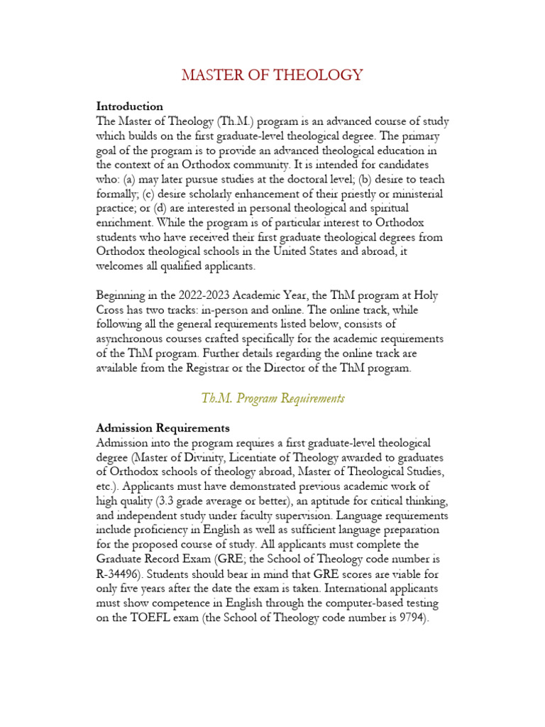 Master of Theology Program Overview | PDF | Thesis | Postgraduate Education