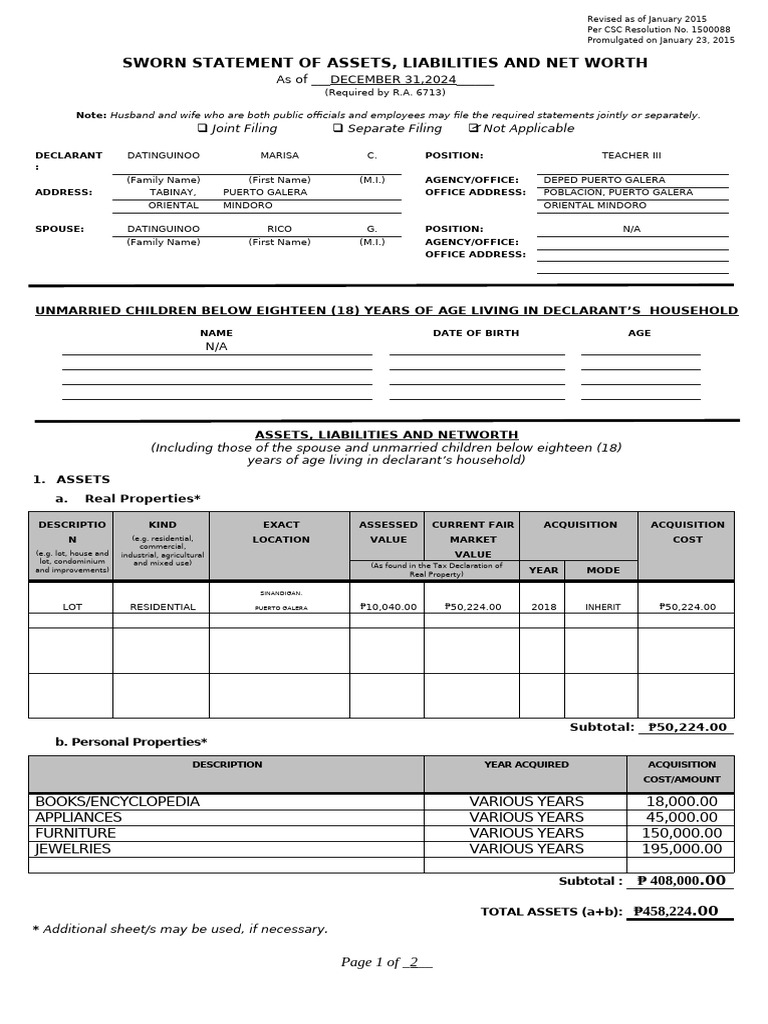 2024-SALN-Form MAM MARIZ | PDF | Money