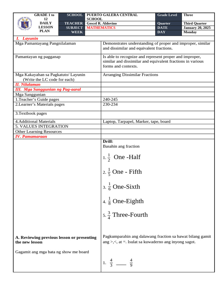 Dissimilar Fractions MAth-3.ges | PDF