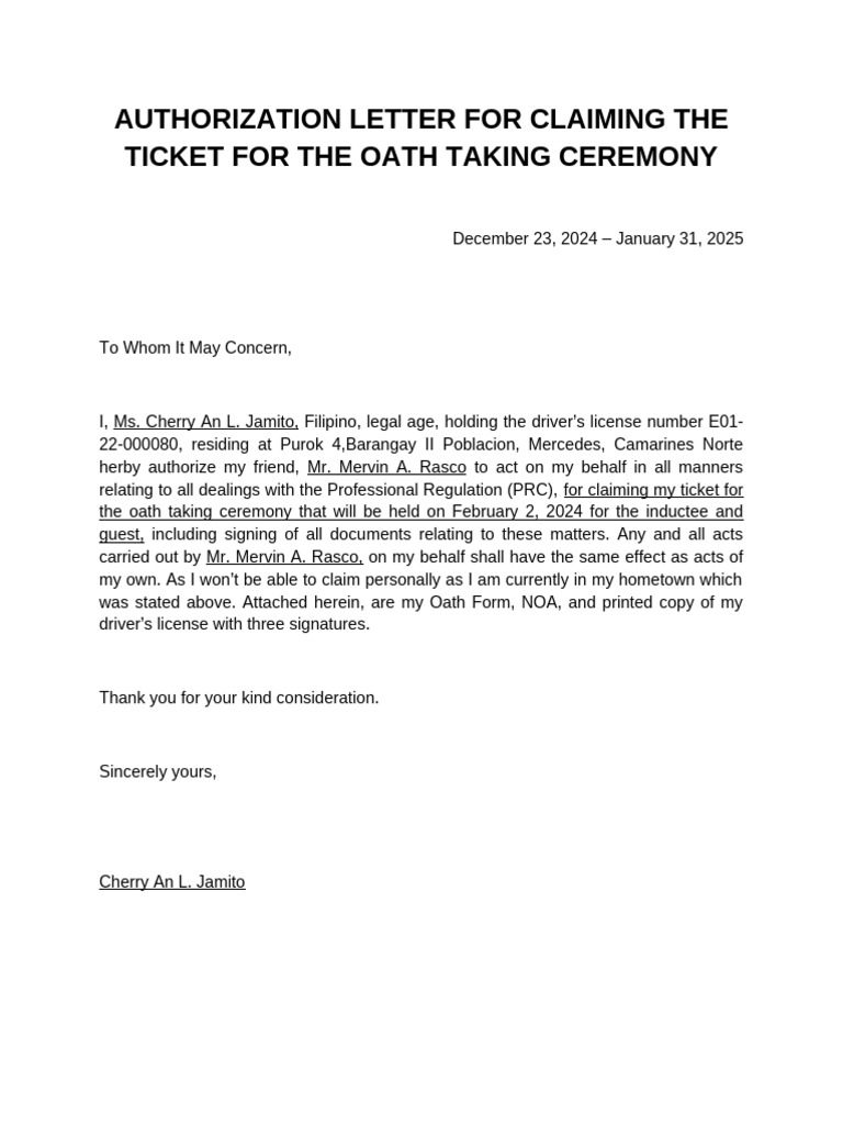 Authorization Letter For Claiming The Ticket For The Oath Taking ...