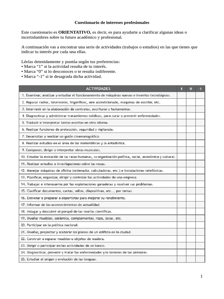 Cuestionario de intereses profesionales | PDF | Comunicación