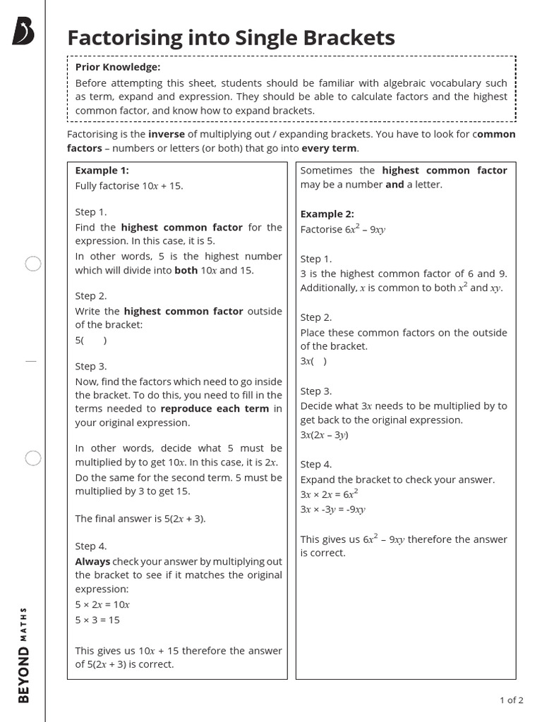 [480525]Factorising Into Single Brackets Print | PDF | Factorization ...