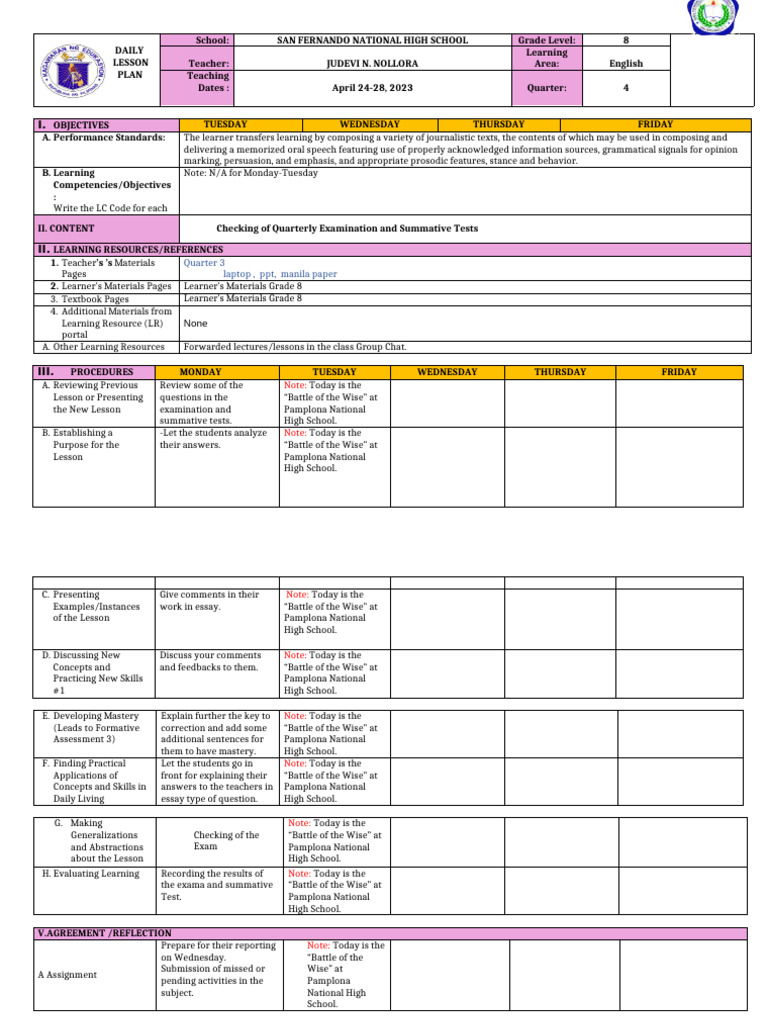 LP April 24-28 ENGLISH 8 | PDF | Cognitive Science | Education Theory