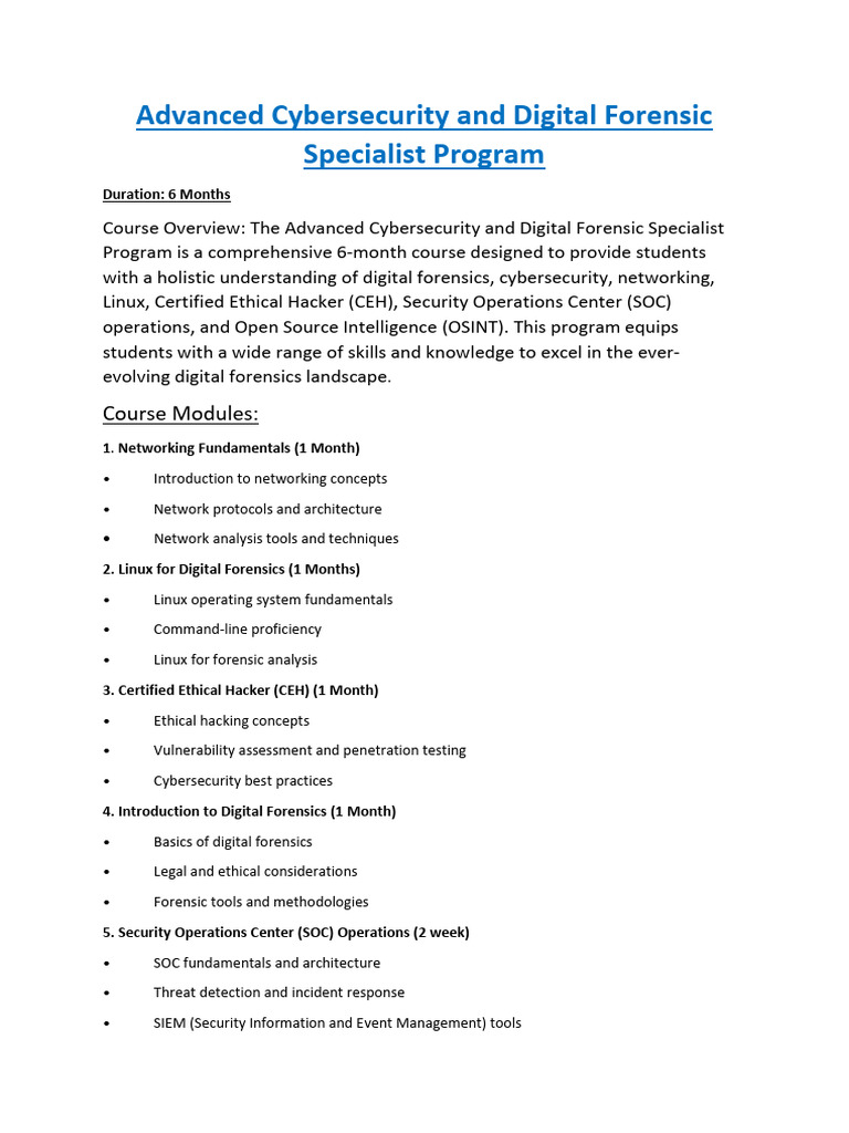 6 Months Diploma Program in Digital Forensics | PDF | Computer Security | Security