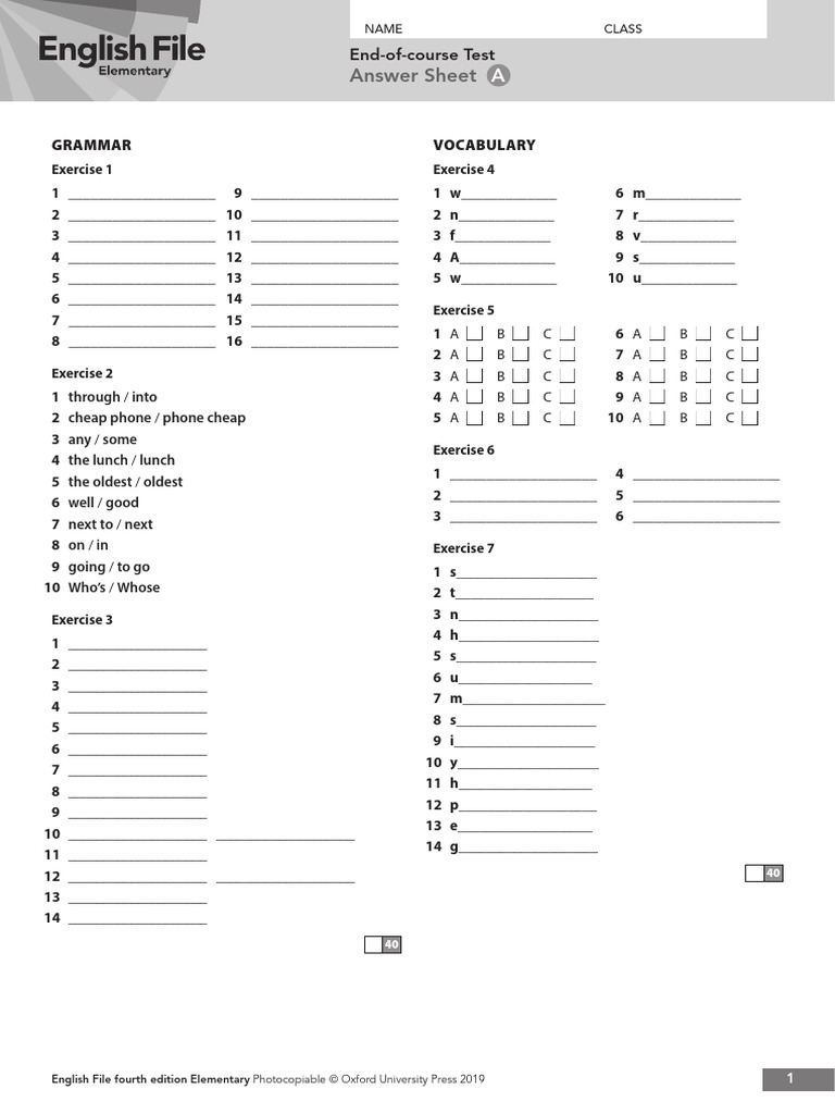 EF4e Elem End of Course Test A Answer Sheet | PDF | Linguistics | Human ...