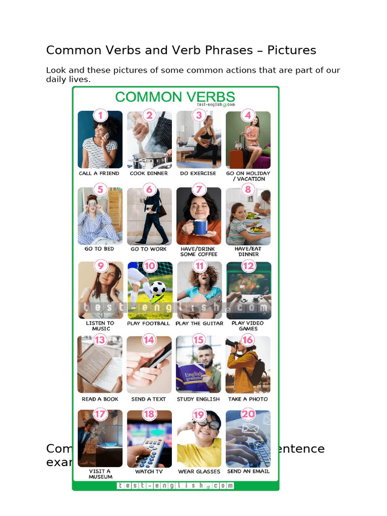 Common Verbs and Phrases with Examples | PDF | Grammar | Syntax