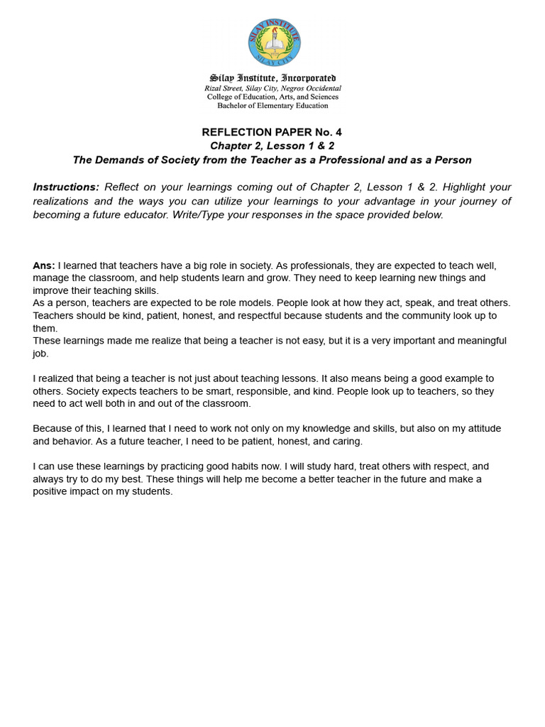 Chapter 2, Lesson 1 & 2 - The Demands of Society From The Teacher As A Professional and As A ...