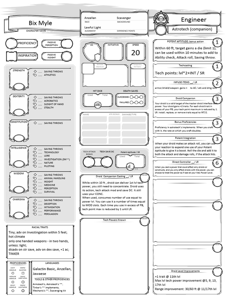 Astrotech Engineer Bix Sheet For Print | PDF | Role Playing | Gaming