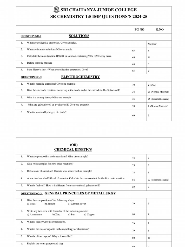 SR Chemistry Imp Questions | PDF