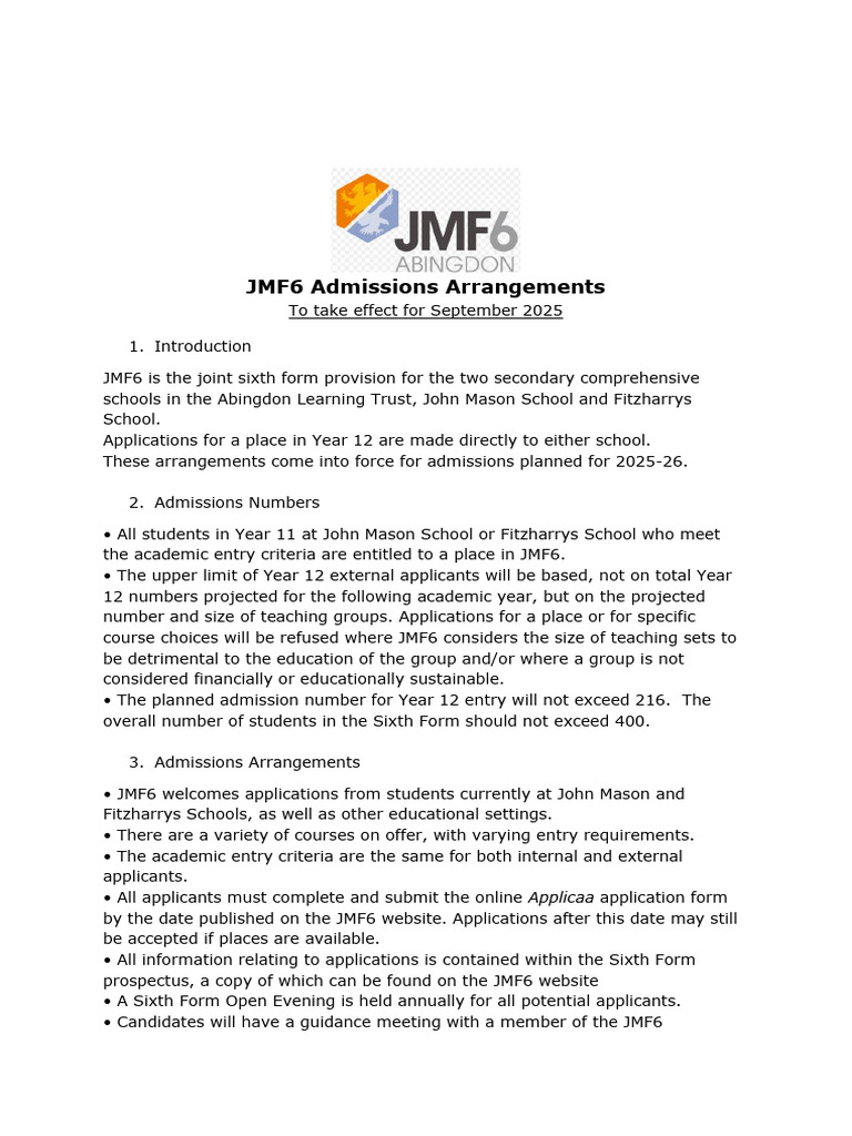 JMF6 Admissions Policy 2025 Entry | PDF | University And College ...