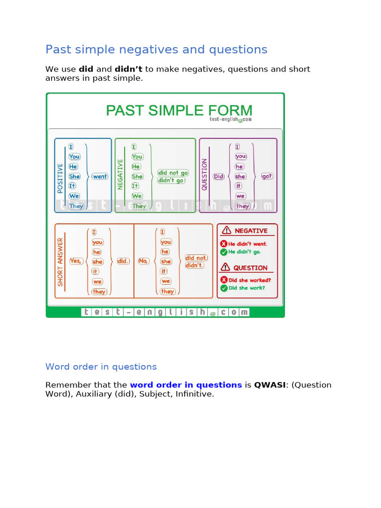 Past Simple Negatives and Questions Guide | PDF | Verb | Linguistics