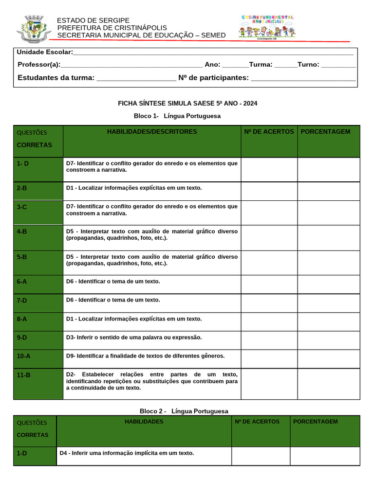 FICHA (LP) SIMULA SAESE 2024.5° Ano | PDF