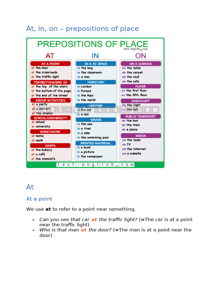 Prepositions of Place: At, In, On Guide | PDF