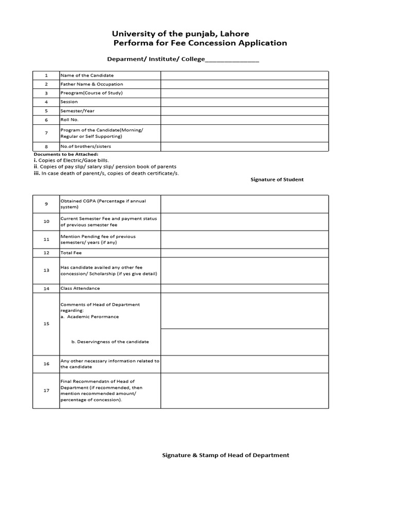PU Fee Concession Form | PDF