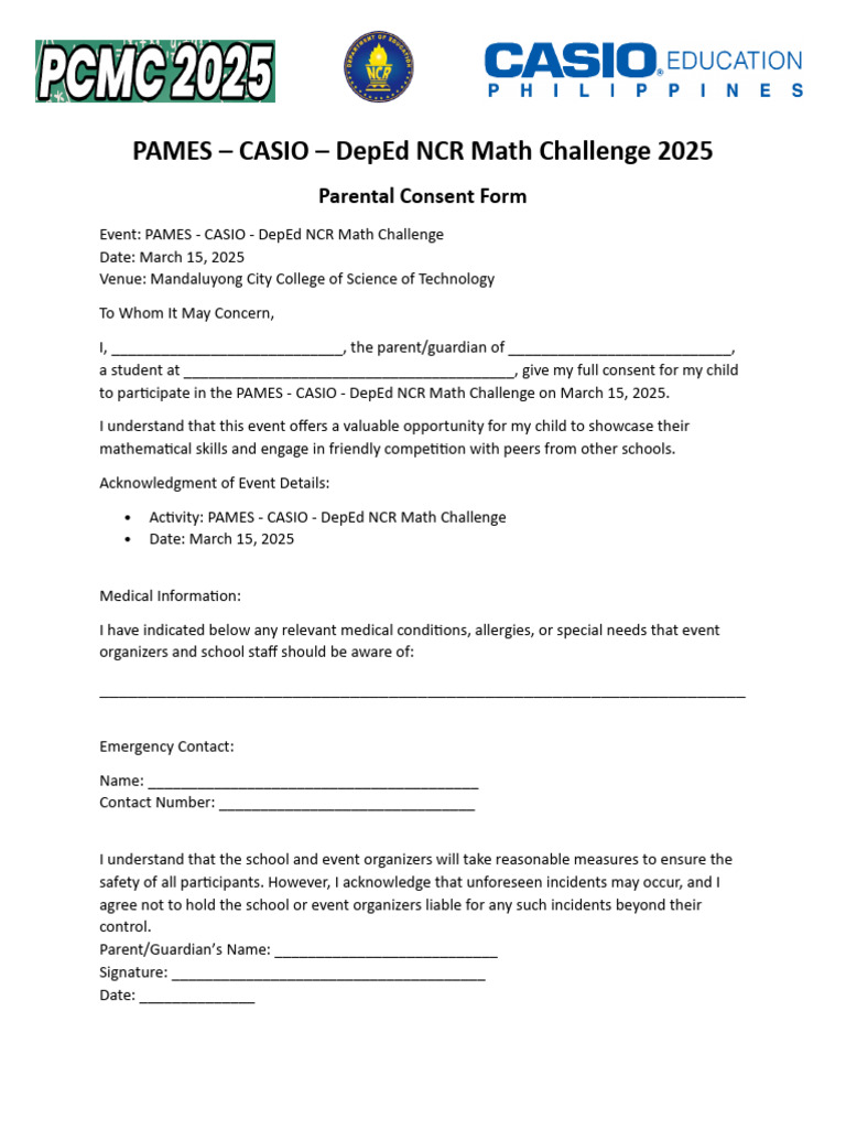 PCMC 2025 Parental Consent Form | PDF
