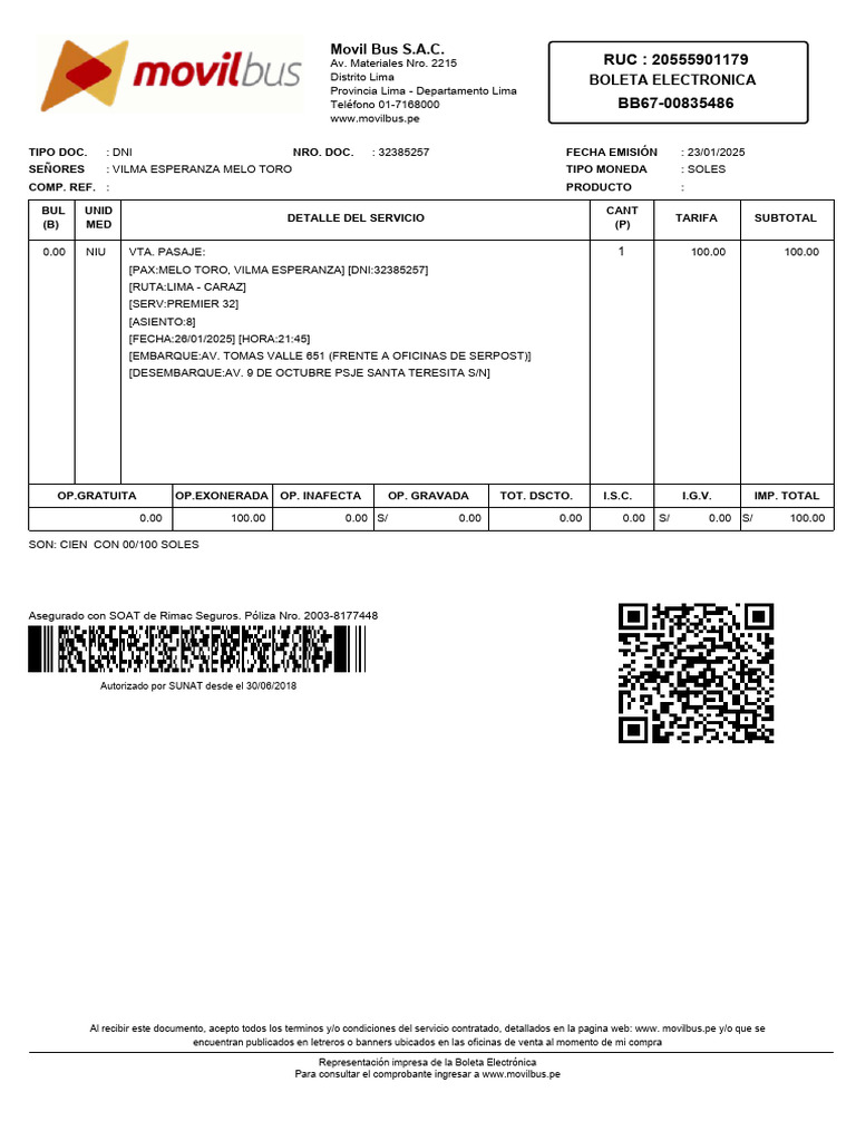 Pasaje Lima-Caraz Vilma Melo | PDF
