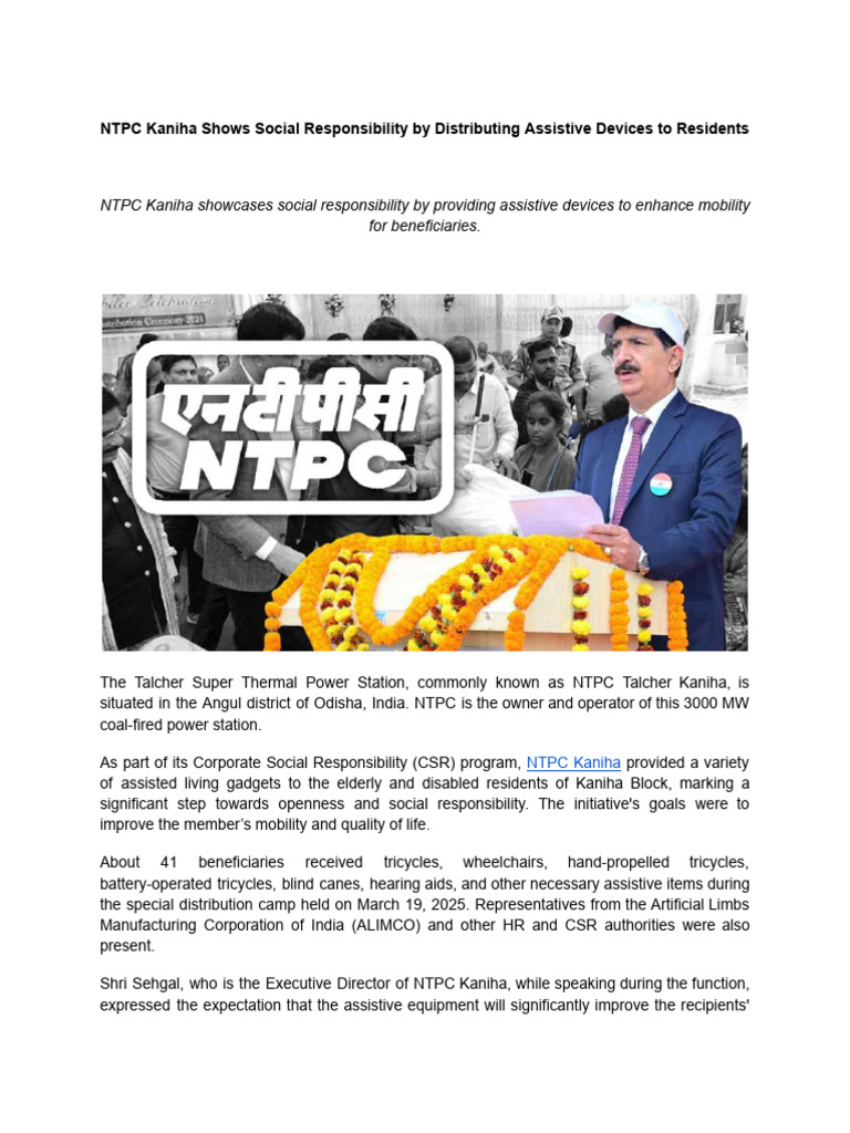 NTPC Kaniha Shows Social Responsibility by Distributing Assistive ...