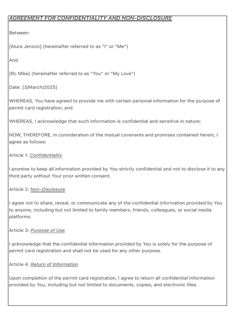 Agreement for Confidentiality and Non-disclosure | PDF